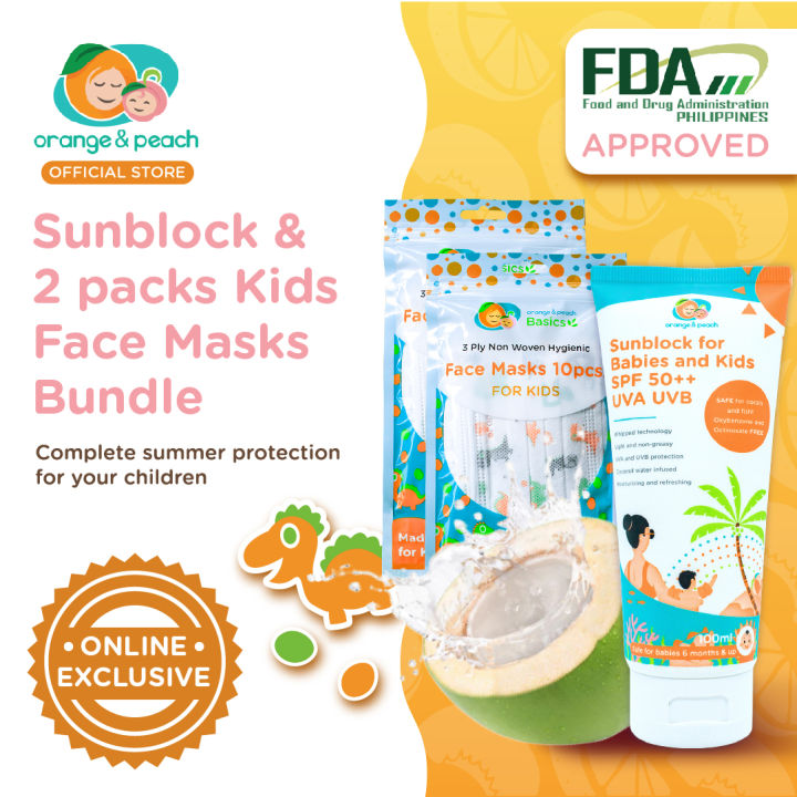 1pc. Orange and Peach Sunblock for Babies and Kids 100ml + 2 packs (20 ...