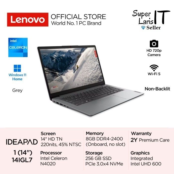 Lenovo IdeaPad 1 IP1 14IGL7 8WID Intel N4020 ram 8GB ssd 256GB 14" HD ...