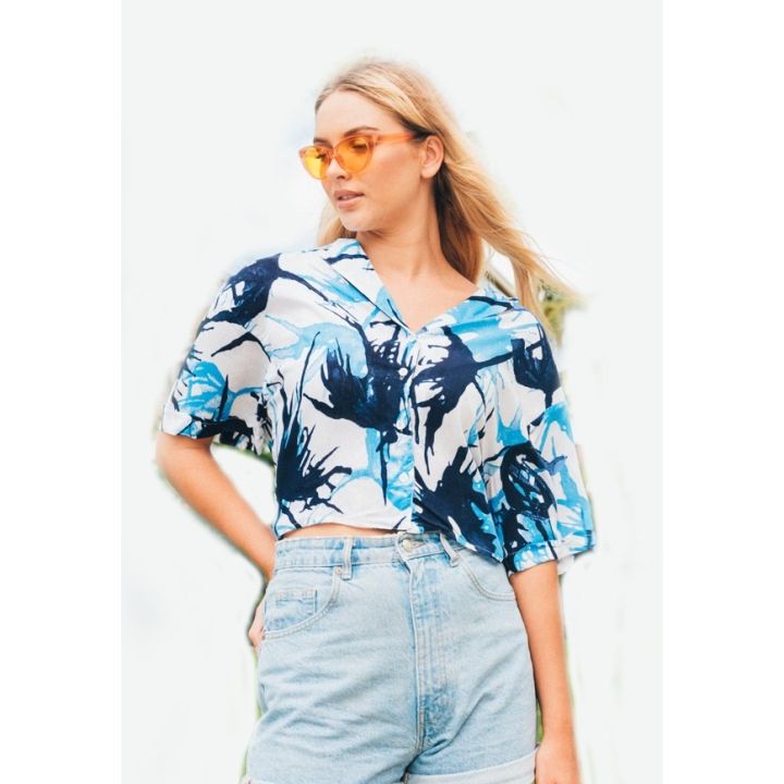 Nade Japan FT046 Kemeja wanita oversize motif daun api putih | Lazada ...