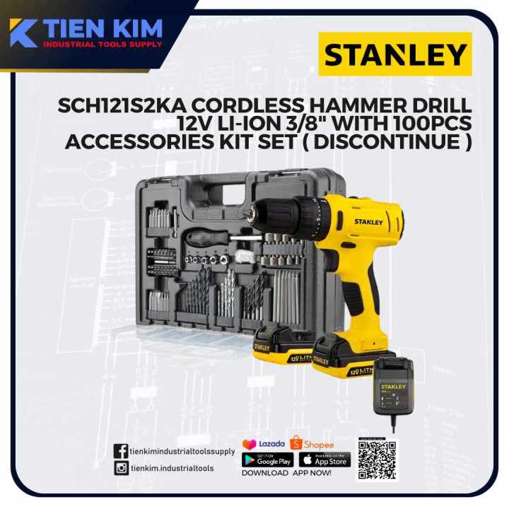 Stanley SCH121S2KA Cordless Hammer Drill 12V Li-Ion 3/8" with 100pcs ...