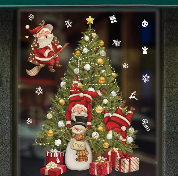 Decal trang trí Noel - Cây thông khổng lồ và 3 ông già noel | Lazada.vn
