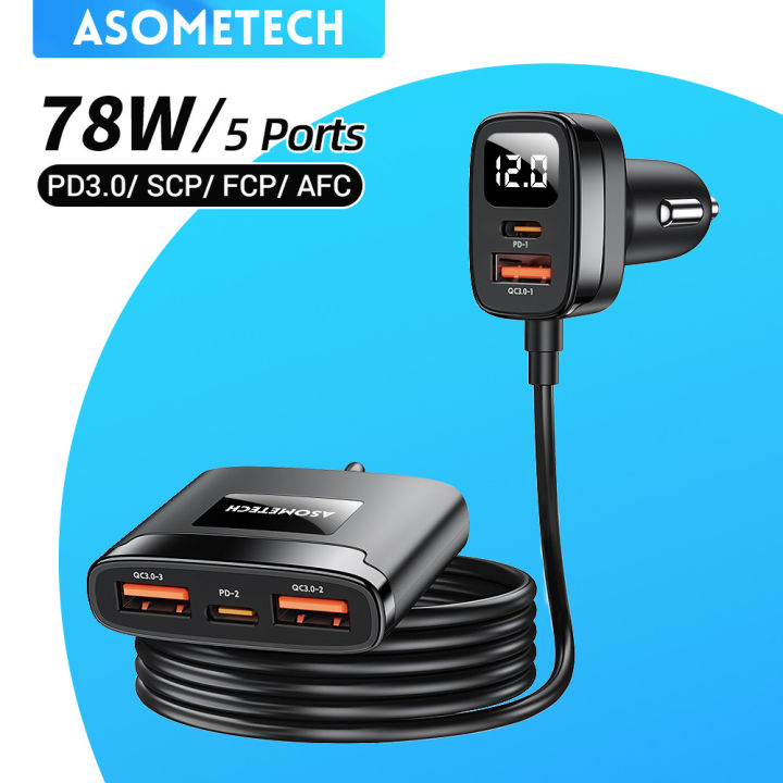 ASOMETECH 78W 5 in 1 Car Charger 12V 24V USB C Fast Car Charger PD 3.0 QC 4.0 3.0 PPS 25W Type C ...
