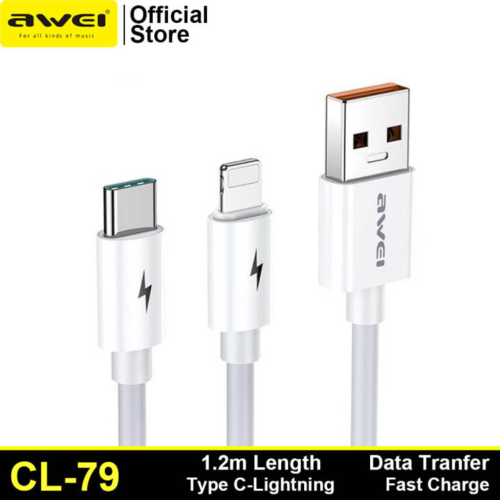 Awei CL-79 2-in-1 Type C Light-ning Fast Charging Cable 5A 40W TPE ...