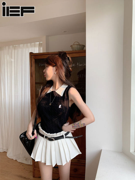 IEF เสื้อโปโลคอปกเสื้อปักลายสีตัดกันสลิมของผู้หญิงเสื้อแขนกุดผ้าถัก | Lazada.co.th