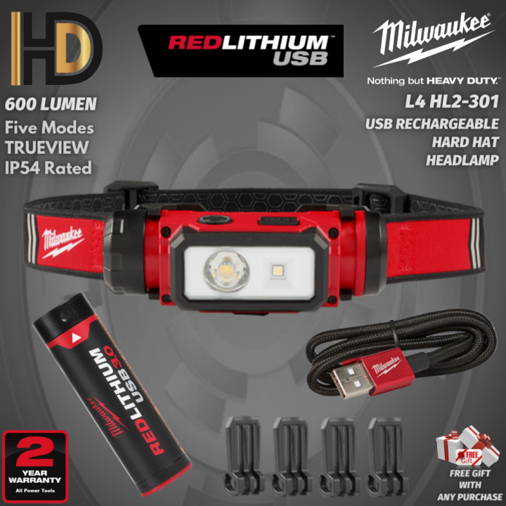Milwaukee L4 HL2-301 USB Rechargeable Hard Hat Headlamp 600 Lumen / 2 ...