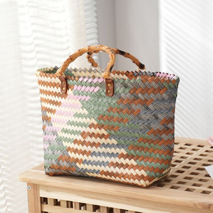 Vintage Bamboom Handle Rattan Women Handbags Wicker Woven Basket Bag ...