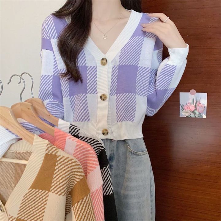 🍉 เสื้อไหมพรม แขนยาว ลายตาราง ดีเทลกระดุมหน้า น่ารักๆ สินค้าพร้อมส่ง ...