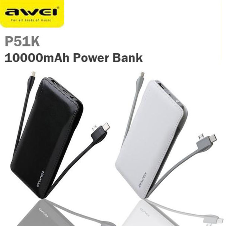 Awei P51K 10000mAh Power Bank with Built-in Type-C + iPhone Lightning ...