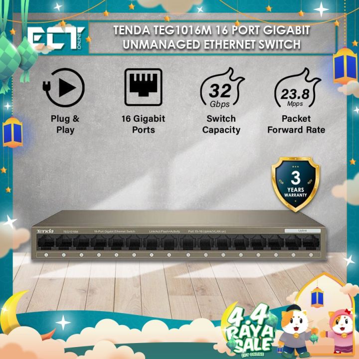 Tenda TEG1016M 16 Port Gigabit Unmanaged Ethernet Switch with Full ...