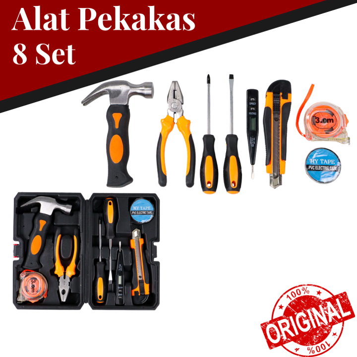 Alat Set Perkakas Palu Obeng Cutter Meteran 8 in 1 Lengkap Dengan Box ...