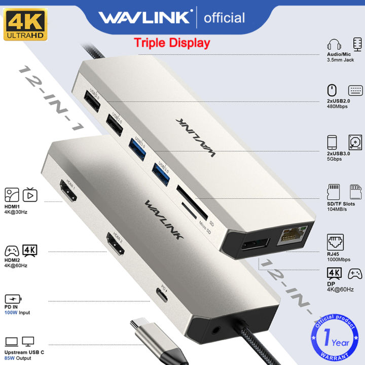 Wavlink 12-In-1 USB C Triple Monitor Extension Docking Station, 85W PD Charging Dual 4k HDMI ...