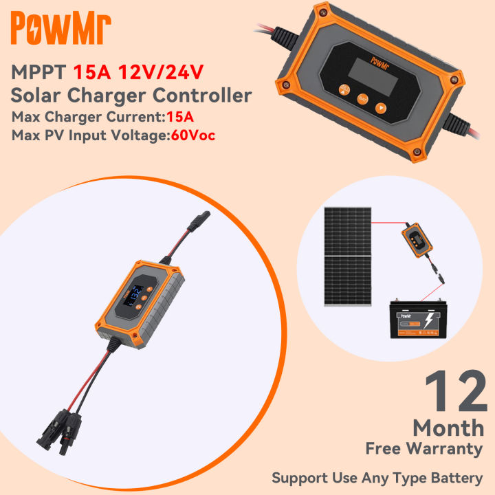 PowMr 15A MPPT Solar Charger Controller รองรับการชาร์จแบตเตอรี่ 12~24V ...