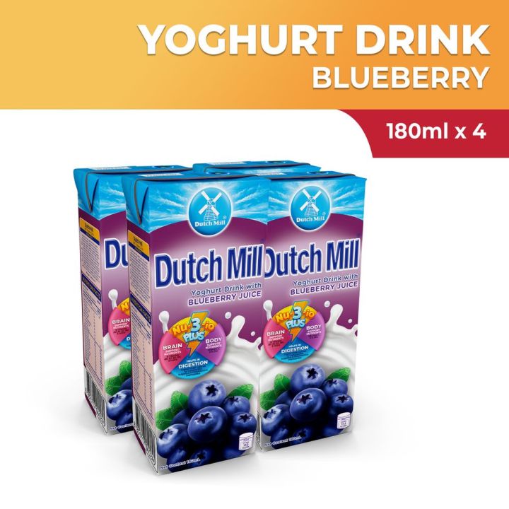 ☢ Dutch Mill UHT Yoghurt Drink Blueberry 180ml x 4 brick | Lazada PH