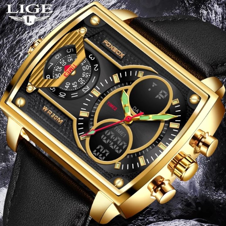 LIGE New Watch for Men Square Digital Waterproof Quartz Wristwatch ...