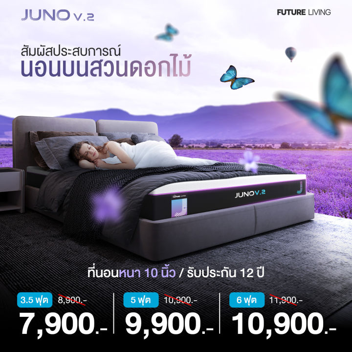 NEW Juno V.2 ที่นอนยางพาราแท้ เสริมพ็อกเก็ตสปริงลดการสั่นสะเทือน หอมกลิ่นลาเวนเดอร์ หนา 10 นิ้ว ...