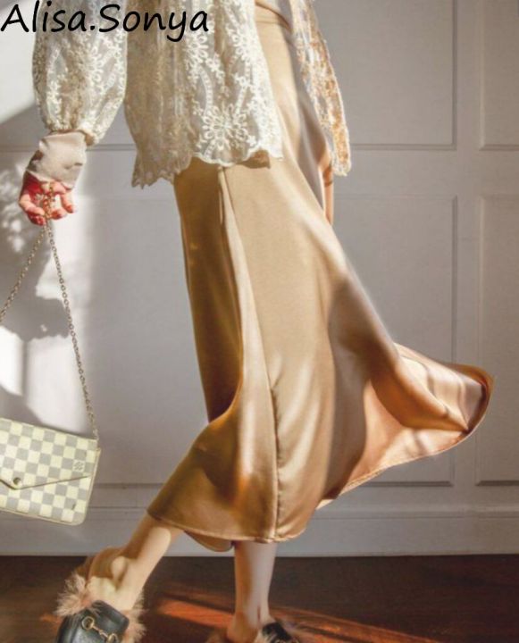 (Cle) Alisa Sonya French Style Silky Satin Skirt for Women Retro ...