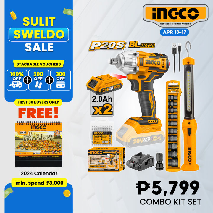 INGCO BRUSHLESS 20V Cordless Impact Wrench CIWLI2001 | 2PCS Combi Kit ...