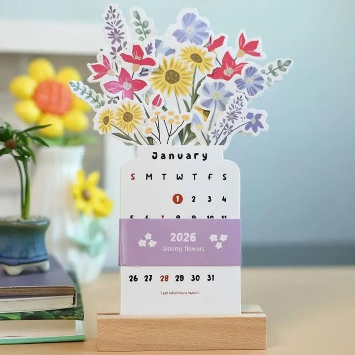 MYTHIS Wooden Base Bloomy Flowers Desk Calendar Vase Shaped Detachable ...