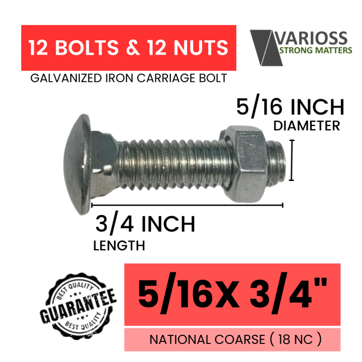 5/16 GI Carriage Bolts with nuts, 12 pcs per order, 5/16" diameter x 3/ ...