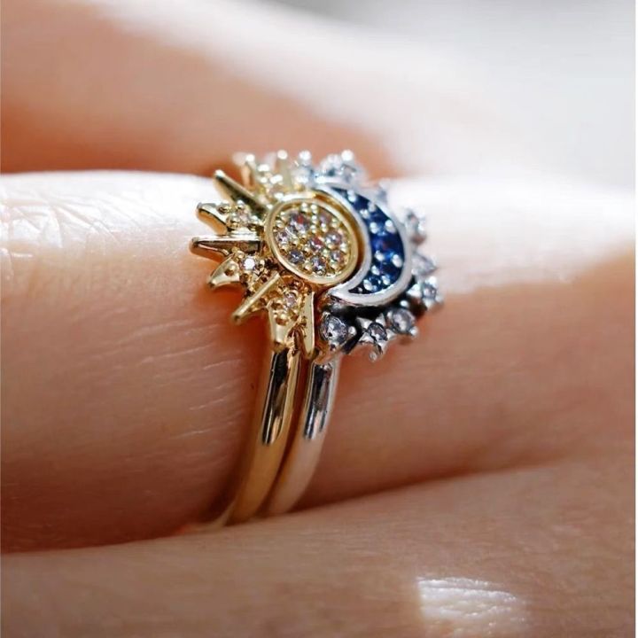 QUESU Open Rhinestone Sun Ring Gold Silver Crystal Star Ring Fashion ...