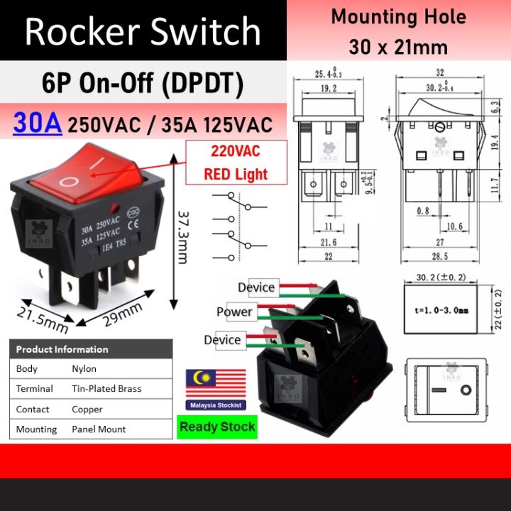 [30A 250V] 4 Pin / 6 Pin DPST DPDT KCD4 Rocker Switch Suis Rocker, AC ...