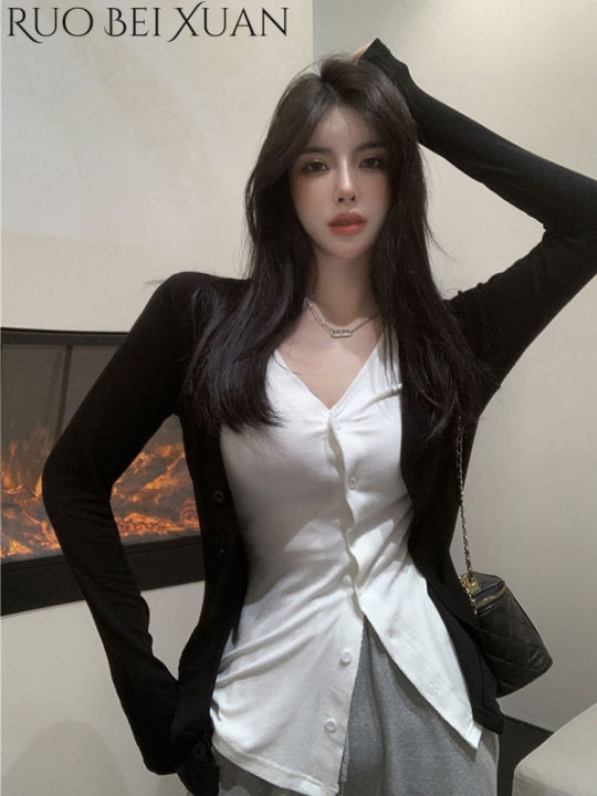 Ruo Bei Xuan เสื้อยืดผู้หญิง,เสื้อยืดเย็บสีตัดกันสองชิ้นปลอมติดกระดุม ...