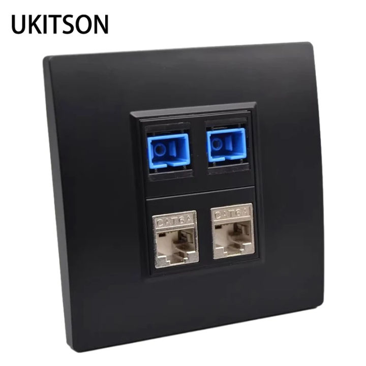 [Avsound]2 Ports SC-SC UPC Optical Fiber Black Faceplate Dual CAT6A RJ45 Ethernet Shield CAT.6A ...