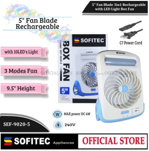 Sofitec 3 in 1 Rechargeable Fan Flashlight Light Lamp Box Fan Electric ...