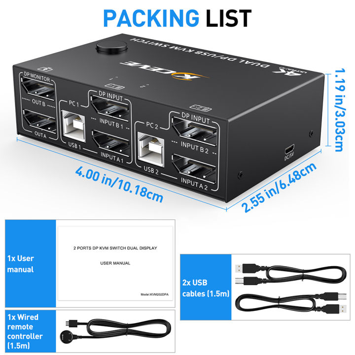 KeyNG HDMI KVM Display Port Splitter Bidirectional DP 1.4 Switcher ...
