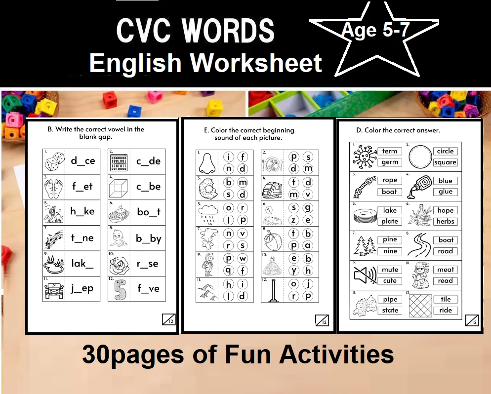 Phonics CVC Words English worksheet long vowel kids activities for ...