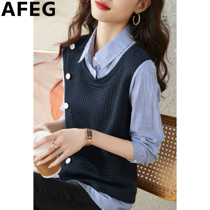 AFEG เสื้อเบลาส์แฟชั่นคอเสื้อเชิ้ตเกาหลี,เสื้อลำลองทรงหลวมแต่งแขนยาวลาย ...