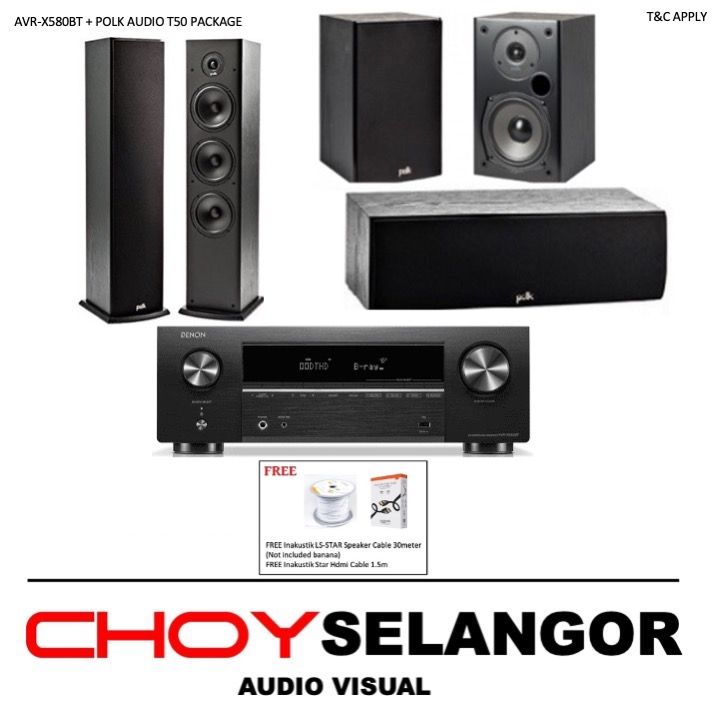 Denon AVR-X580BT 5.2Ch AV Receiver + Polk Audio T50 5.0 Speaker Package ...