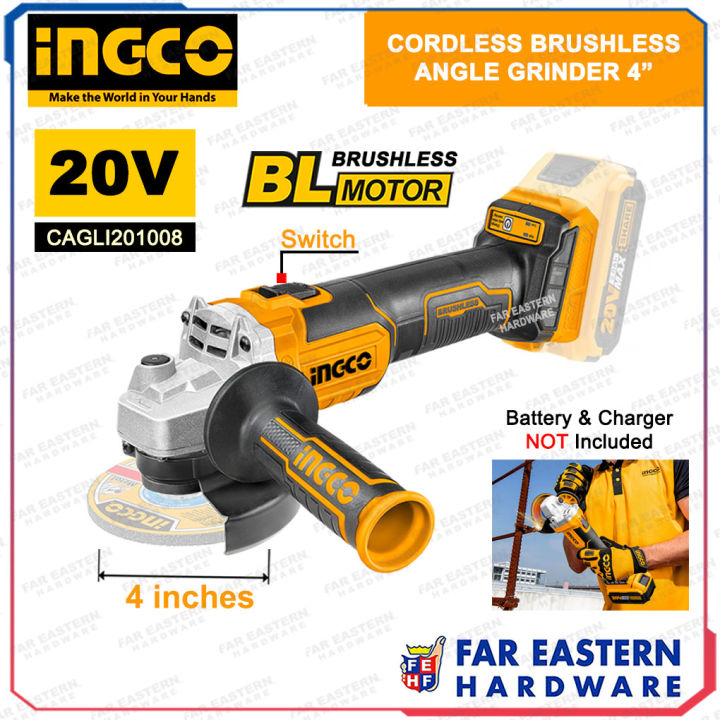 INGCO Cordless Brushless Angle Grinder 4" 20V CAGLI201008 INPTCL ...