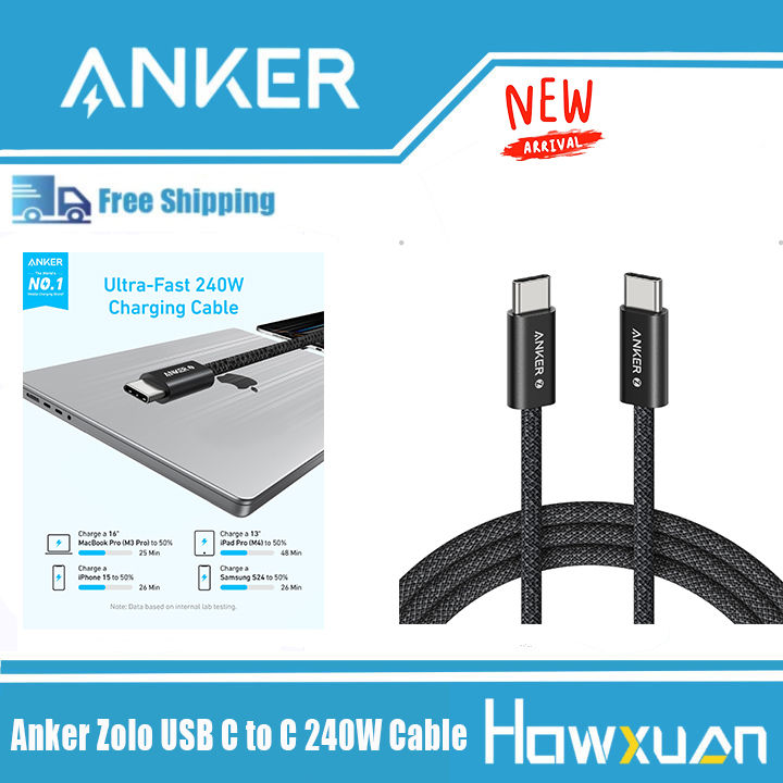 Anker Zolo USB C to USB C Cable, Braided and Dirt-Free Type C Fast Charging Cable, Slim ...