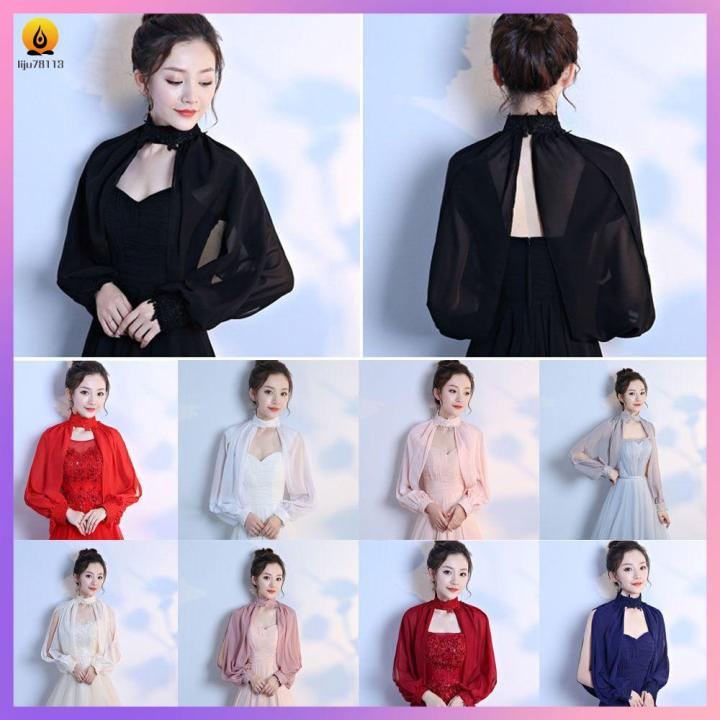 1Pc Women Bride Long Sleeve Chiffon Shawl Evening Prom Cape Solid Soft ...