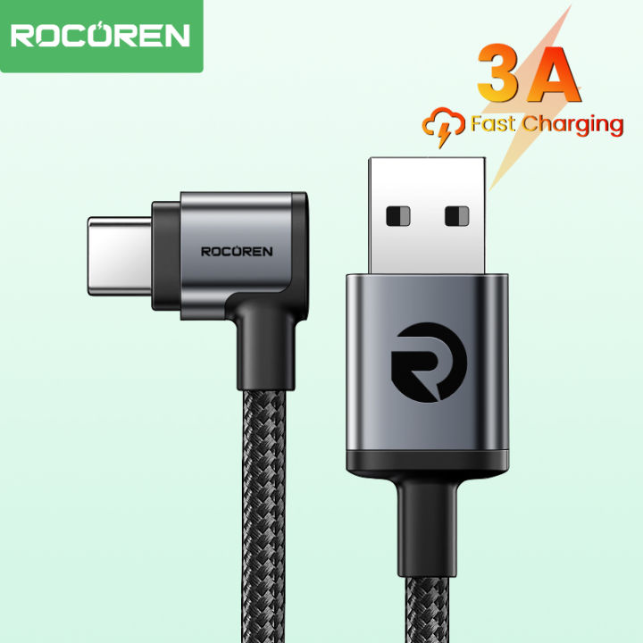 Rocoren สายชาร์จชนิด C USB 3A เล่นเกมได้อย่างรวดเร็วสายข้อมูล90 ° มุม ...