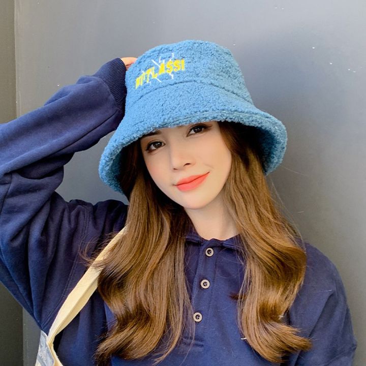 QDGKDC Autumn Elegant Letter Sun Protection Pot Caps Lamb Wool Sunhats ...