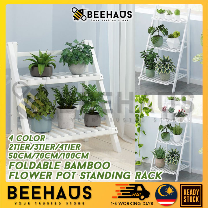 BEEHAUS Foldable Bamboo Flower Pot Standing Rack Wooden Flower Garden ...