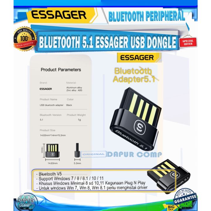 ESSAGER USB DONGLE BLUETOOTH ADAPTER 5.1 DONGLE TRANSMITTER PC/LAPTOP ...
