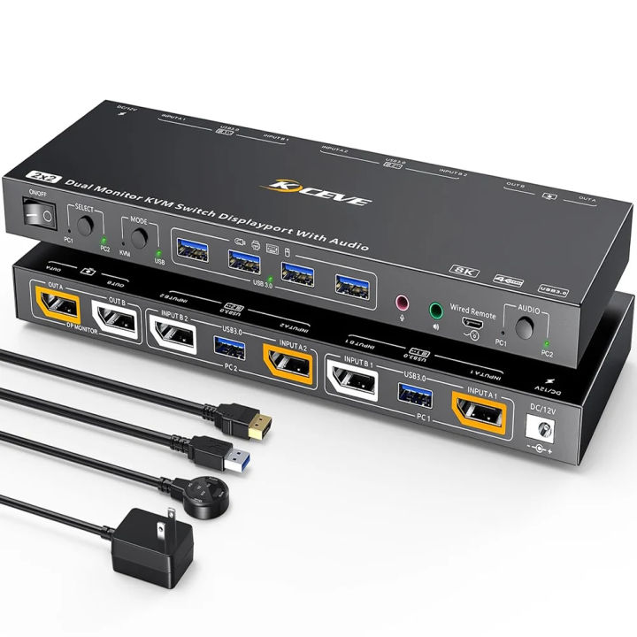 Voice Controlled Dual Monitor KVM Switch , KVM Switch with Audio and 4 ...