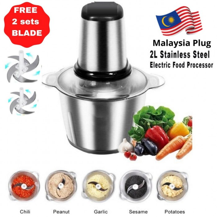 [READY STOCK] 2L STAINLESS STEEL ELECTRIC MEAT GRINDER CHOPPER FOOD PROCESSOR BLENDER PENGISAR ...