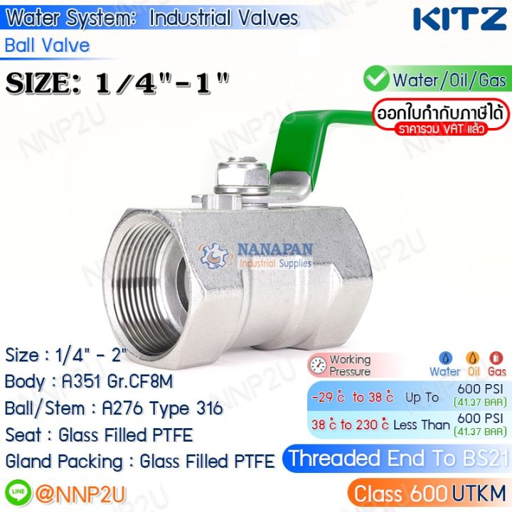 KITZ บอลวาล์ว สแตนเลส ขนาด 1/4",3/8",1/2"3/4",1" (SUS Ball Valve Fig ...