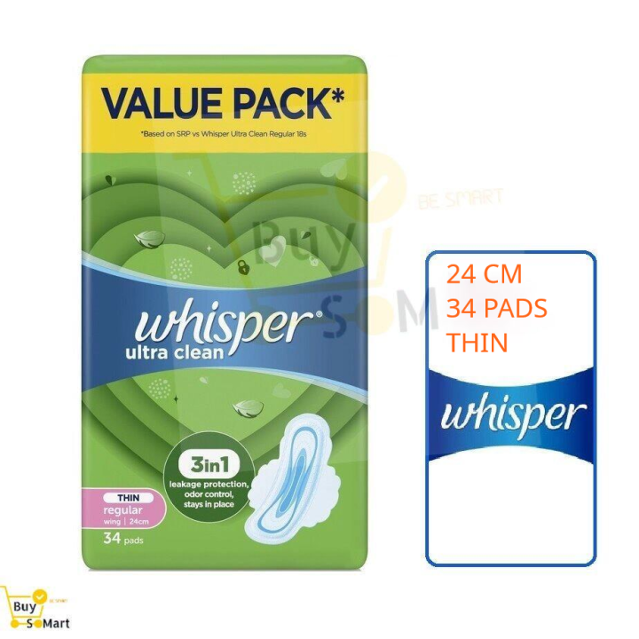 Whisper ultra clean Thin Regular Wing Sanitary pads 24cm (34 pads) | Lazada