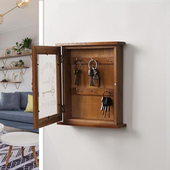 Wooden Key Storage Cabinet Key Holder Box with Hanging Hooks Key Box ...
