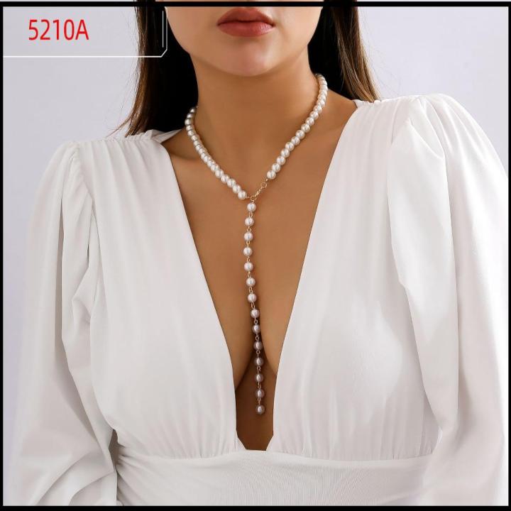 5210A แฟชั่นสำหรับผู้หญิง สร้อยคอมุกเทียม เรโทร เทรนด์เทรนด์ สร้อยคอพู่ยาว ของใหม่ ความเรียบง่าย ...