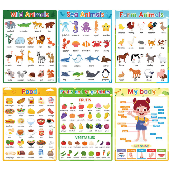 6PCS A4 Big Cards Kids Preschool Educational Posters Wall Chart - Set ...