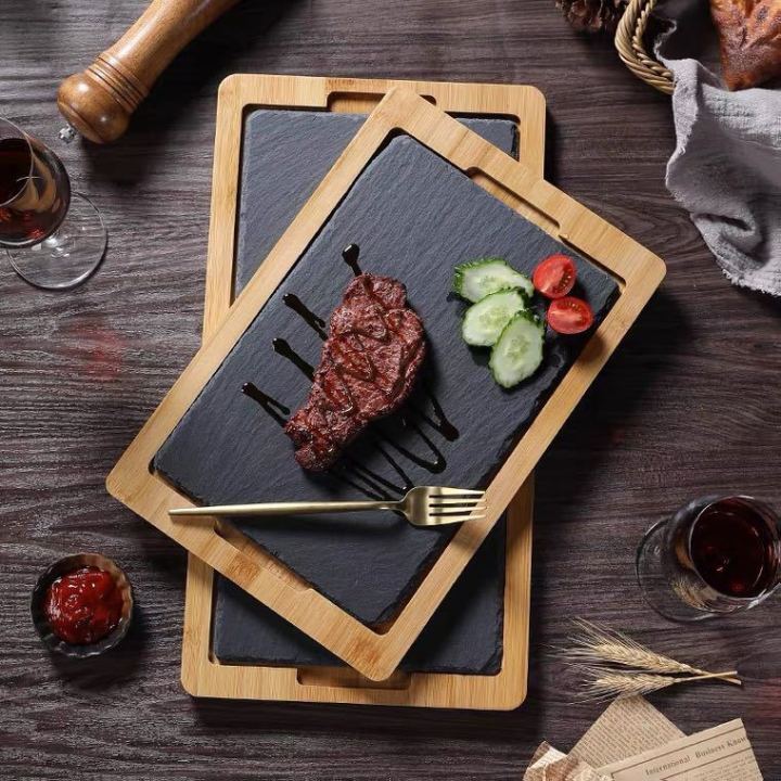 Grilled Meat Shop Black Slate Bamboo Tray Steak Plate Cooking Western ...