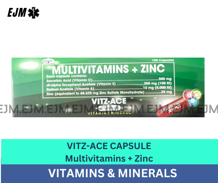 VITZ-ACE CAPSULE Multivitamins + Zinc VITAMINS & MINERALS- 100 Capsules ...