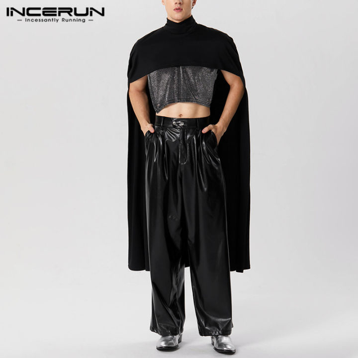 INCERUN Mens Leisure Knitted Cloaks Plain High Neck Short Front Long ...