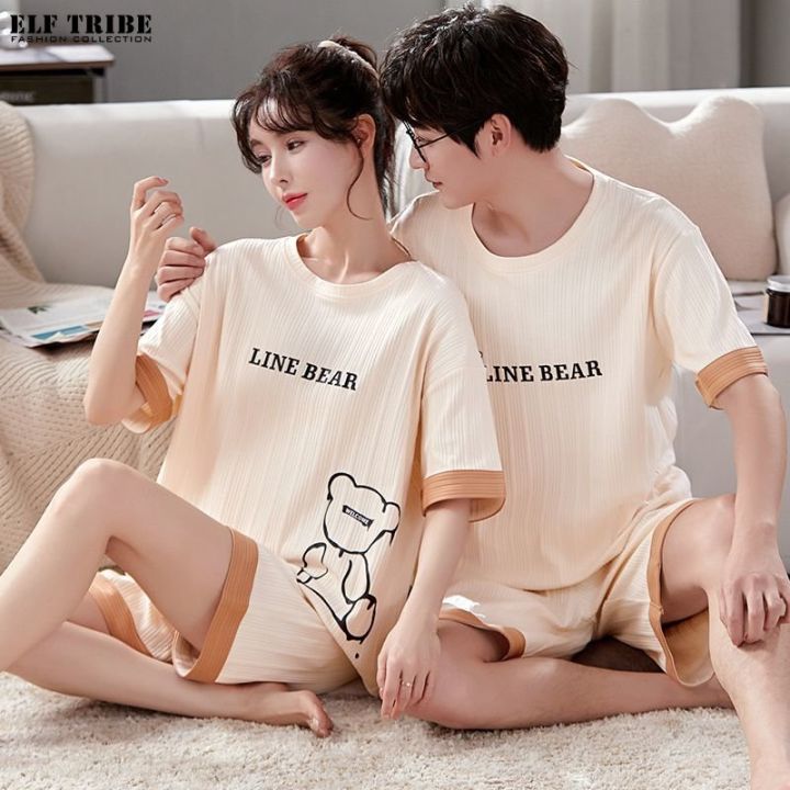 ELF TRIBE 100% Cotton Pajamas Couples Suit Short-sleeved Shorts 2-piece Sets Thin Loose ...